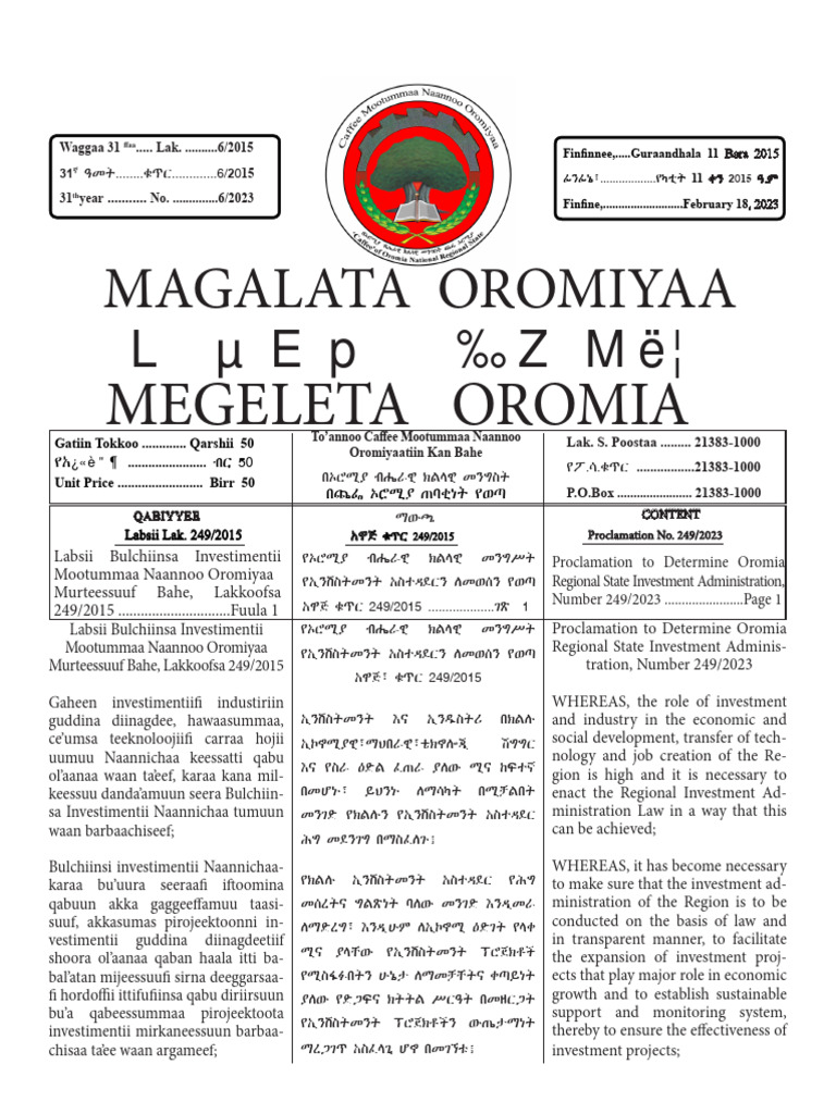 Labsii Lakk.249 - 2015 - Investimentii Naannoo Oromiyaa | PDF