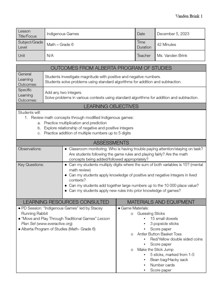 December 5 Indigenous Games Lesson Plan 2 | PDF