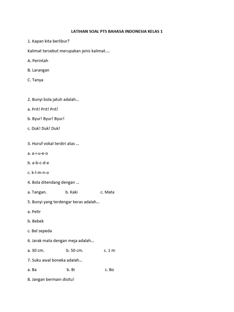 Soal PTS Bind Kelas 1 | PDF