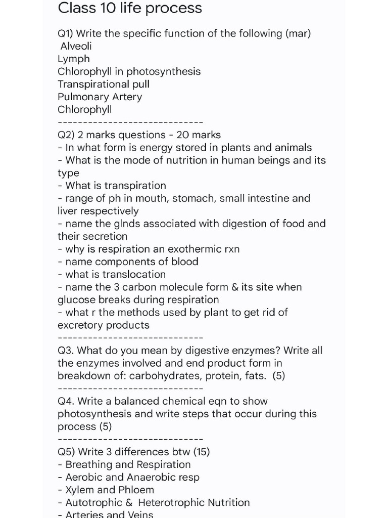 Class 10 Life Processes | PDF