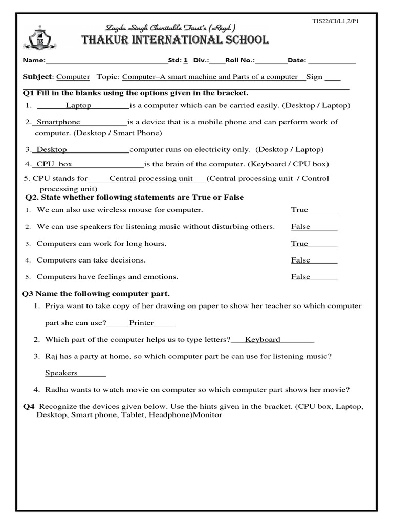 Grade 1 - Computer Answers | PDF | Computers