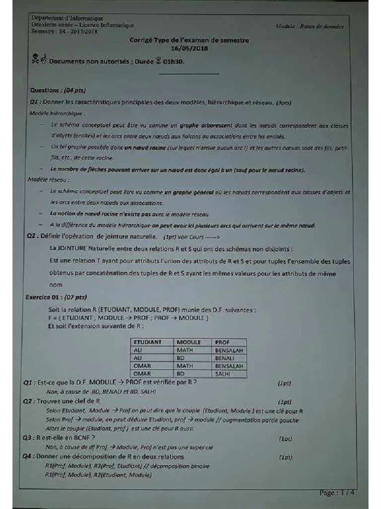 Corrigé Type Examen Module BDD Univ Eloued Promo 2017-2018 | PDF