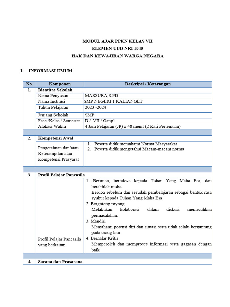 Modul Ajar PPKN Kelas Vii | PDF