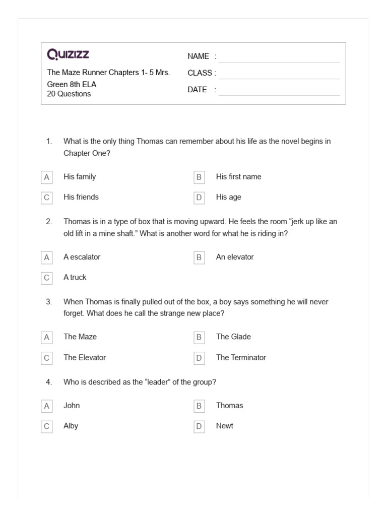 The Maze Runner Chapters 1 - 5 Mrs. Green 8th ELA | PDF