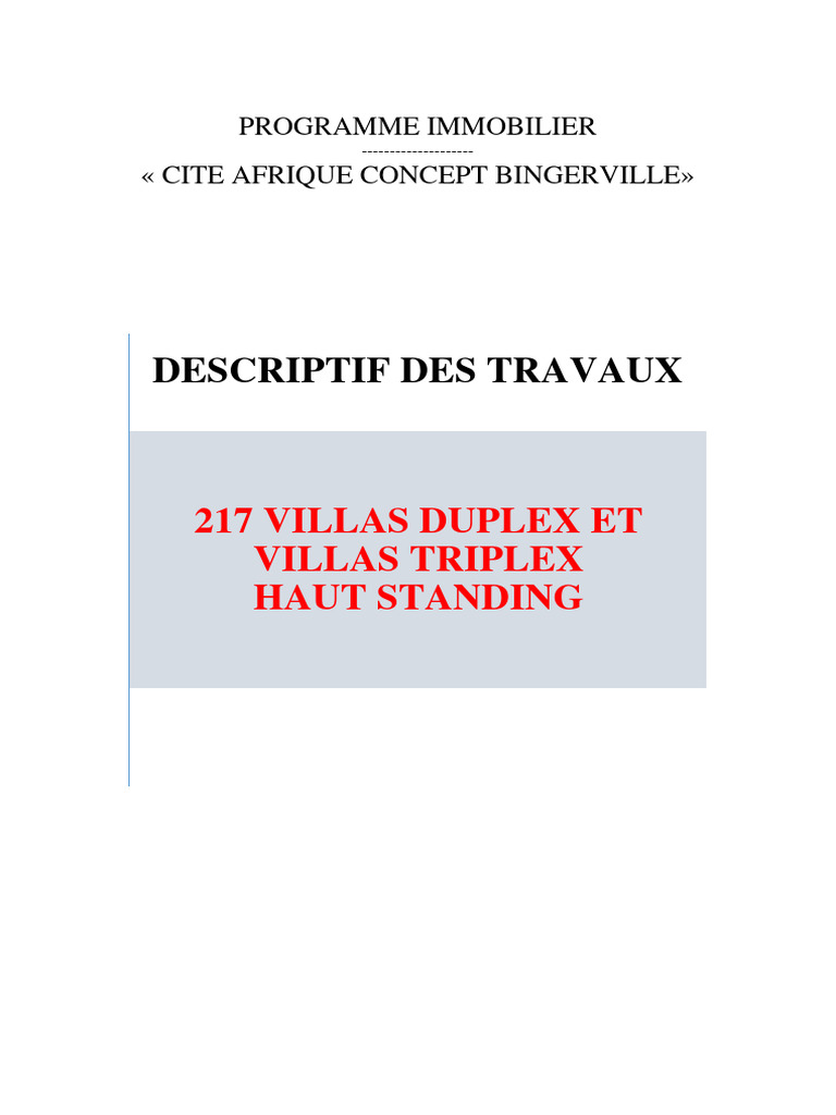 PROJET DE DESCRIPTIF DES TRAVAUX UNPPCI BINGERVILLE | PDF