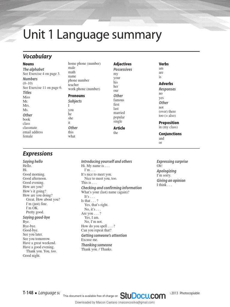 01 Inter Yellow Summary Units 1 16 | PDF | Adjective | English Language