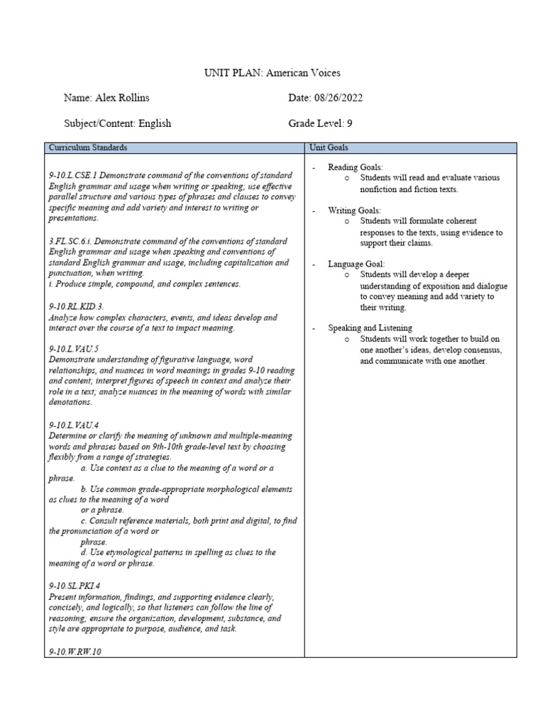American Voices Unit Plan for 9th Grade | PDF | English Language ...
