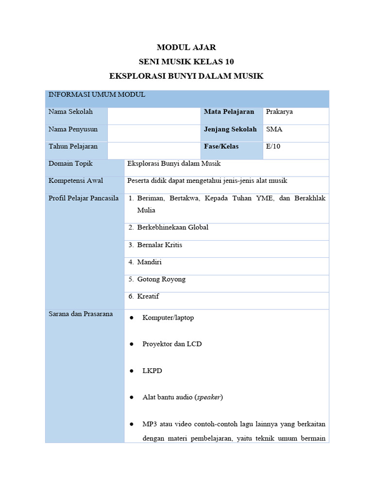 Modul Ajar - Fase E - Kelas 10 - Seni Musik - Unit 1 Eksplorasi Bunyi Dalam Musik | PDF | Seni