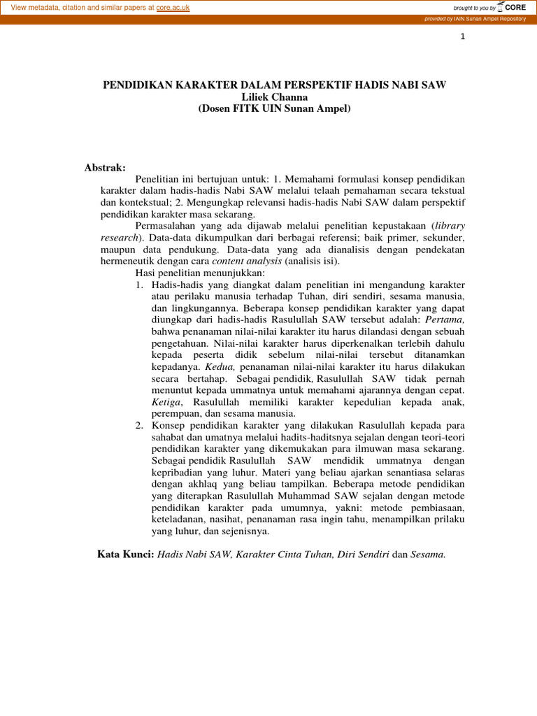Pendidikan Karakter Dalam Perspektif Hadis Nabi Saw Liliek Channa (Dosen FITK UIN Sunan Ampel) | PDF