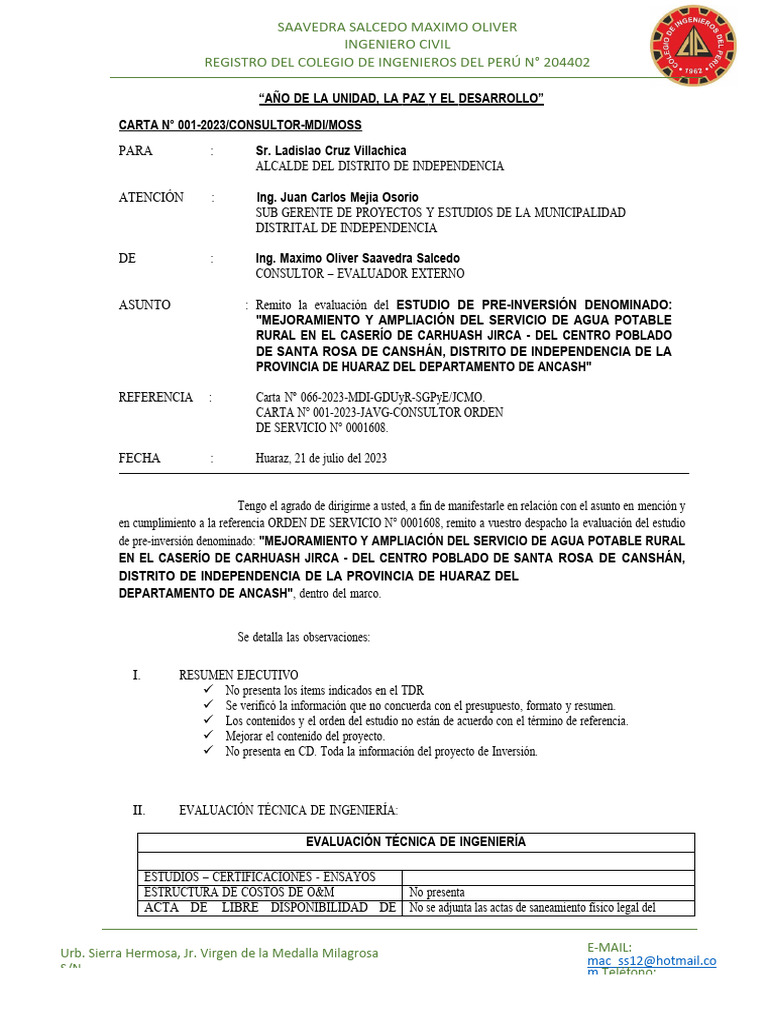 CARTA #001 - OBS PIP Agua Potable | PDF