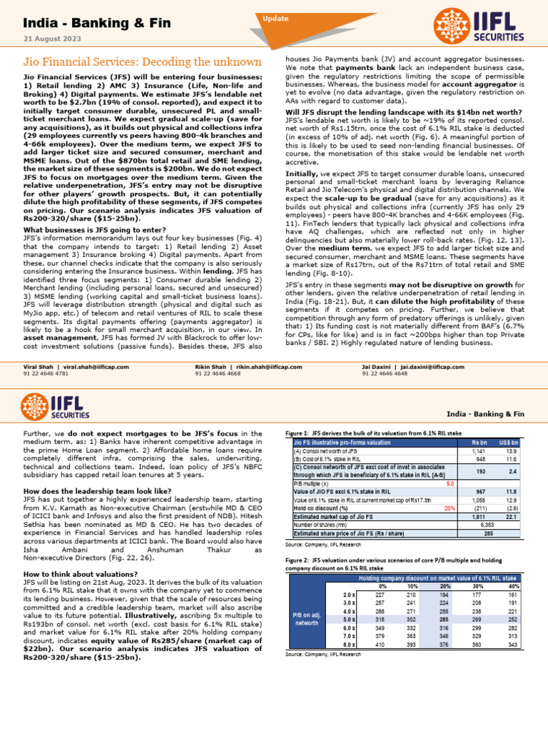 IIFL - Banking - Jio FS - 20230821 | PDF | Finance & Money Management
