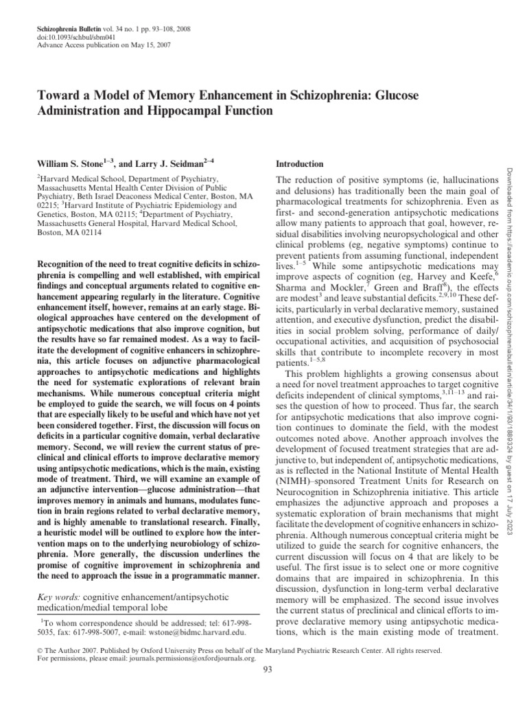 Toward A Model of Memory Enhancement in Schizophrenia - Glucose Administration and Hippocampal ...