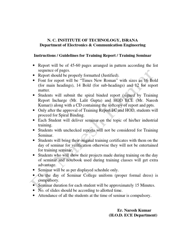 Instructions & Guidelines For Training Report and Training Seminar | PDF