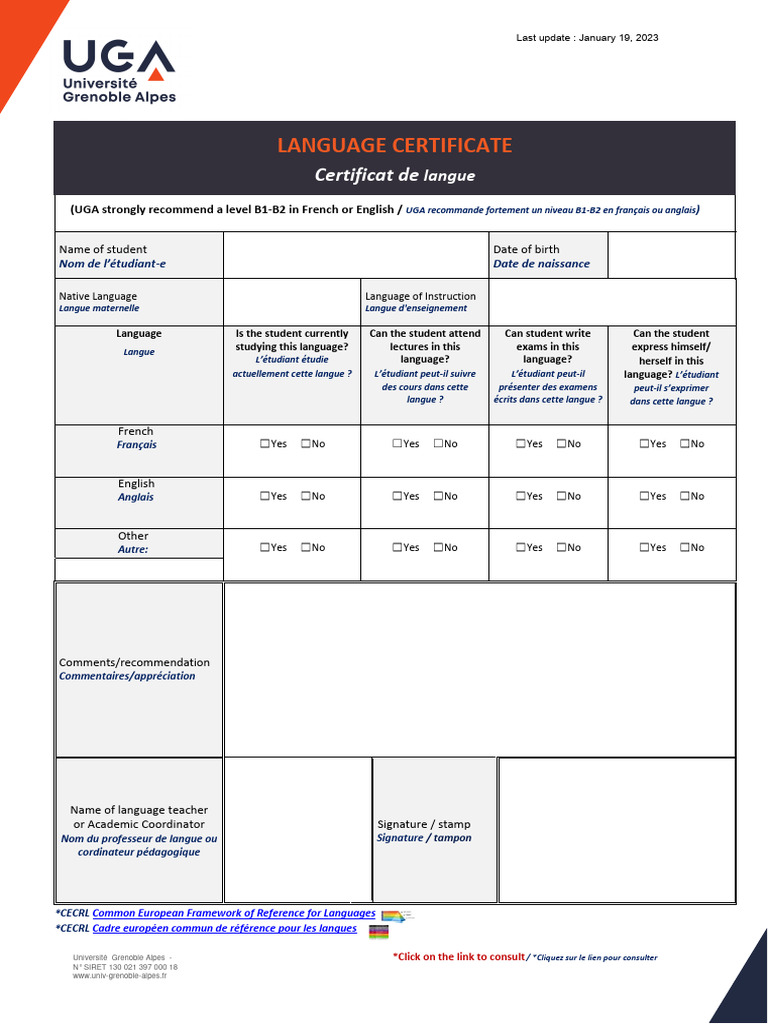 Certificate of Language-Certificat de Langue | PDF