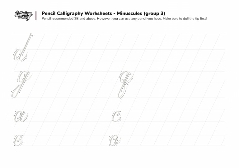 Pencil Calligraphy Worksheets Minuscules (Group 3) Lettering Daily | PDF