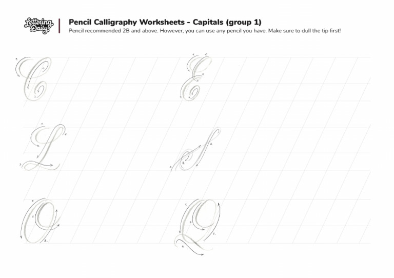Pencil Calligraphy Worksheets - Capitals (Group 1) - Lettering Daily | PDF