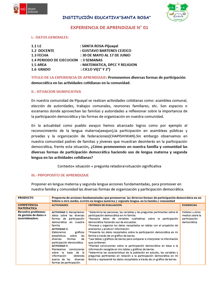 EXPERIENCIA DE APRENDIZAJE 1-MEJORADA-1° Y 2° | PDF | Evaluación | Democracia