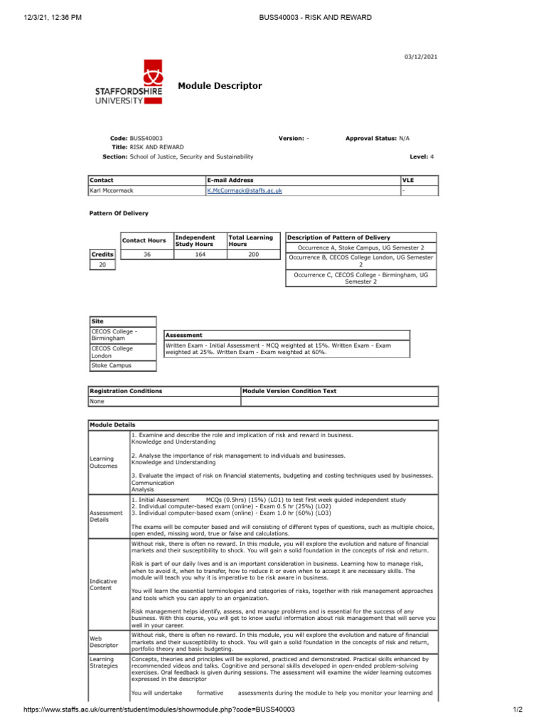 Buss40003 - Risk and Reward - Module Descriptor | PDF | Risk | Multiple Choice