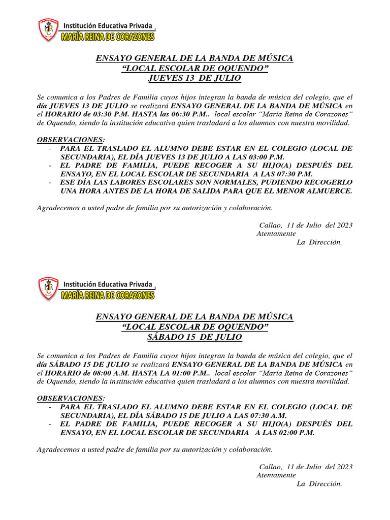 Comunicado Ensayo General Banda de Musica 2023 | PDF