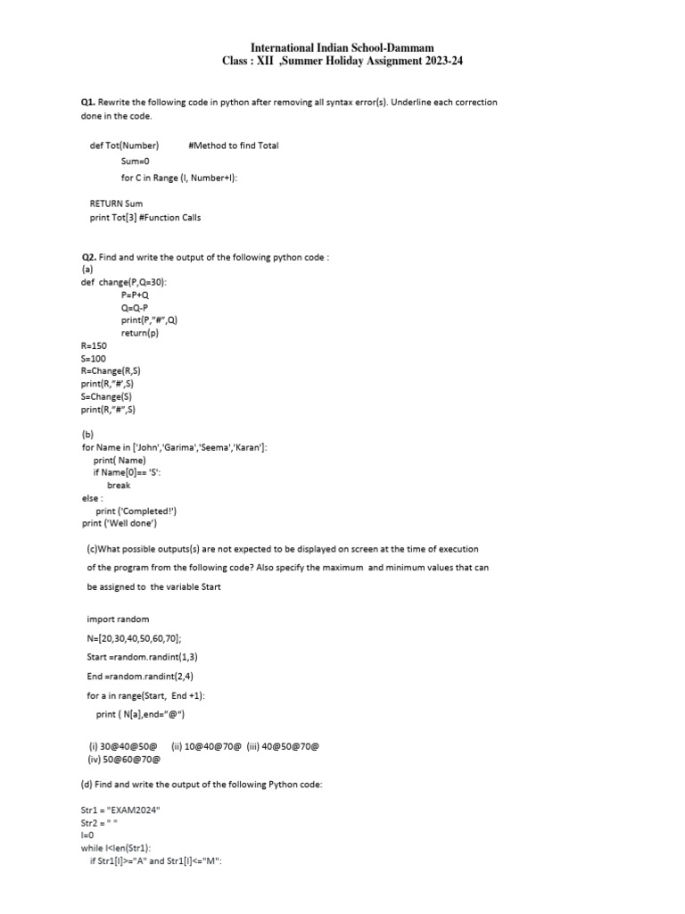 Summer Assign XII 2023-24 | PDF | Python (Programming Language) | Programming Paradigms