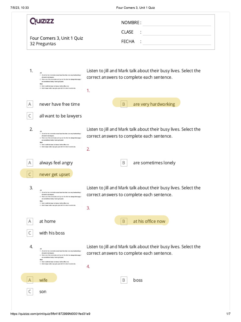 Four Corners 3, Unit 1 Quiz, SOLUCION | PDF Four Corners 3, Unit 1 Quiz, SOLUCION | PDF