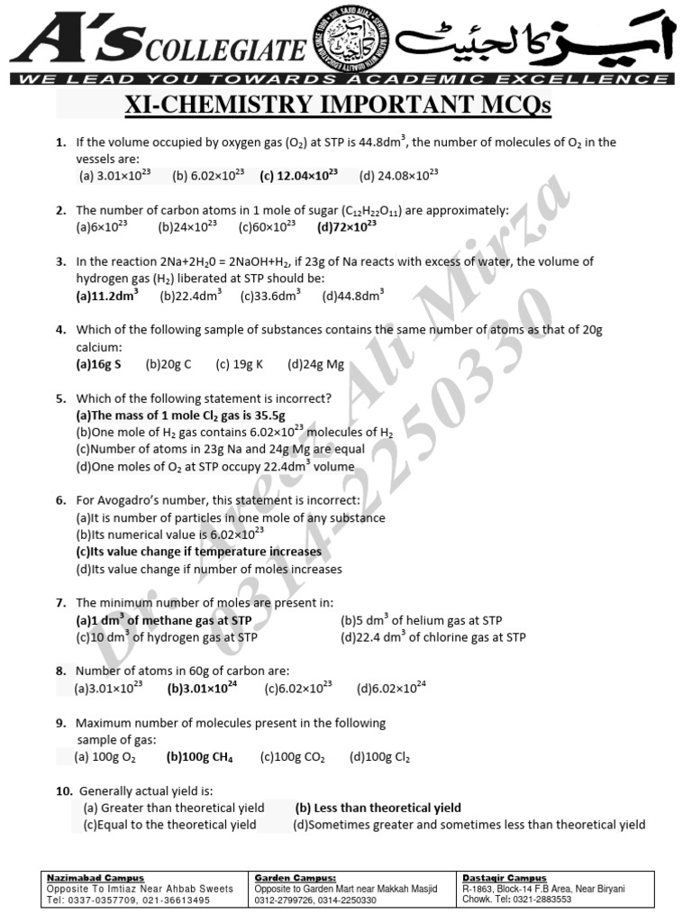 XI Chemistry Important MCQs Old | PDF