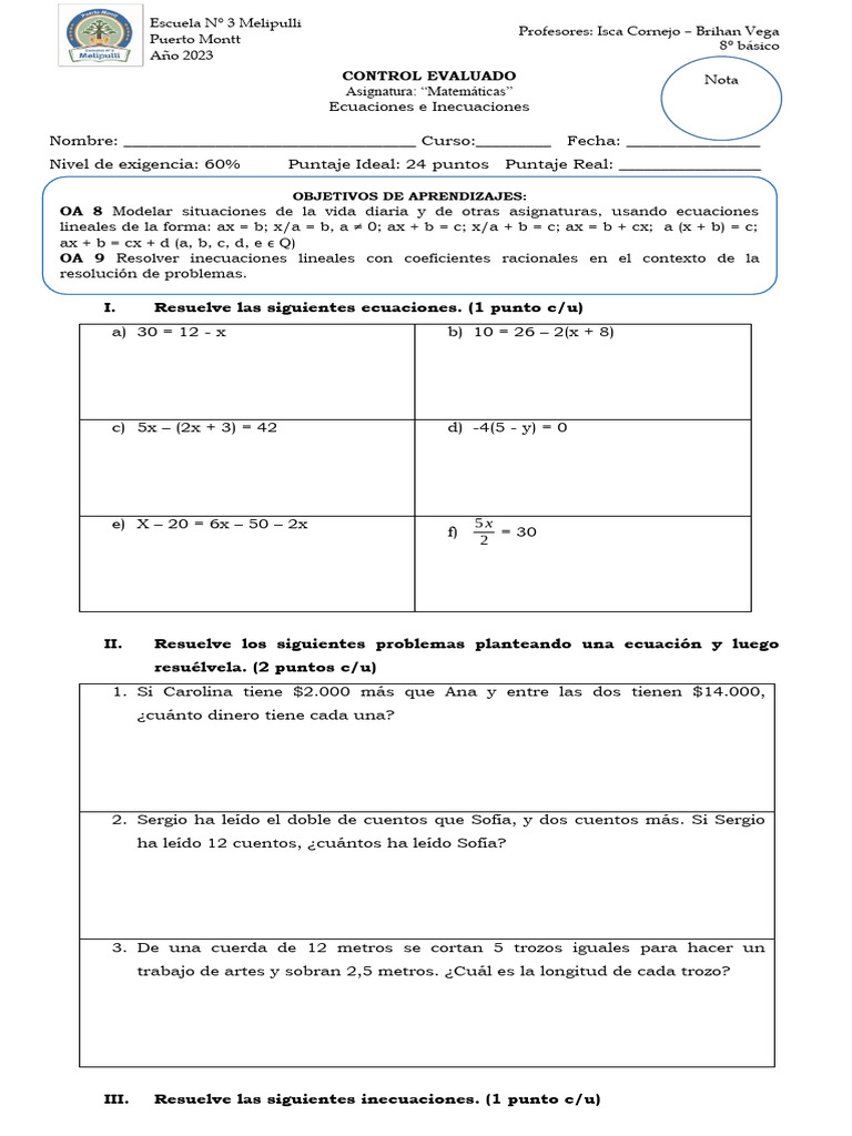 Ejercicios de Ecuaciones e Inecuaciones 8° Básico | PDF | Ecuaciones ...