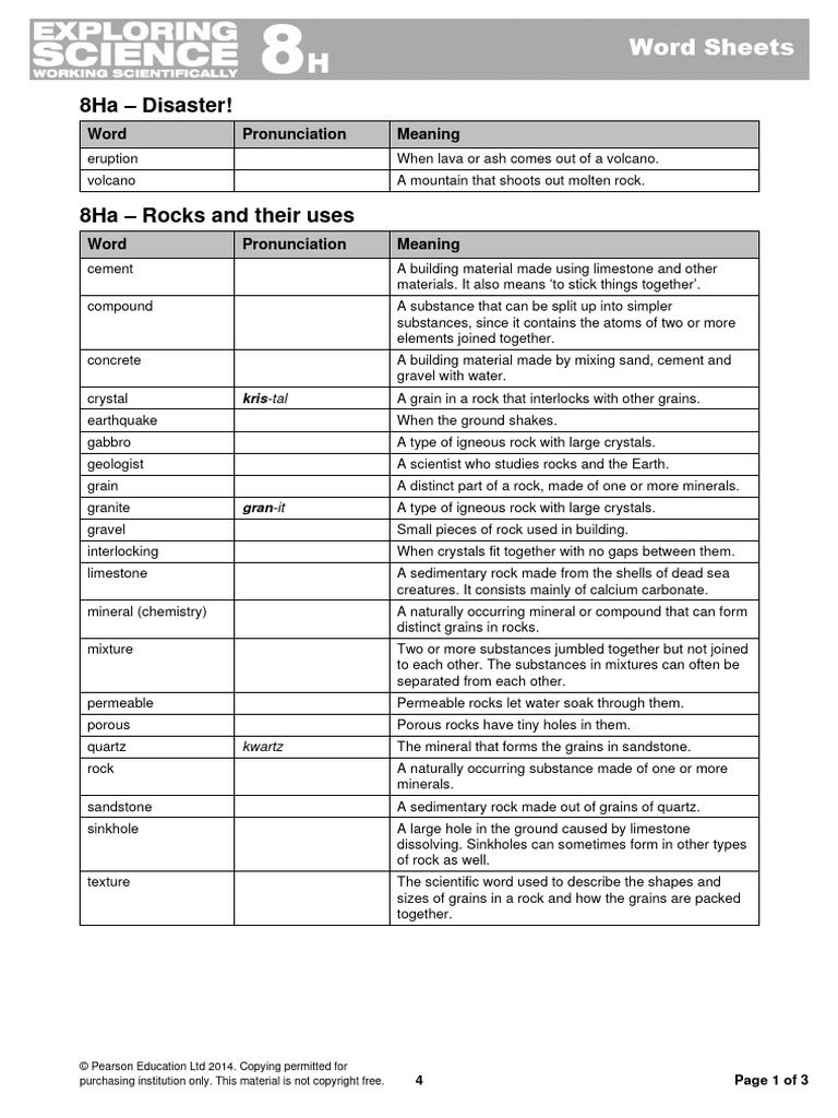 Grade 8 Science 8H 【The rock】 word sheets | PDF