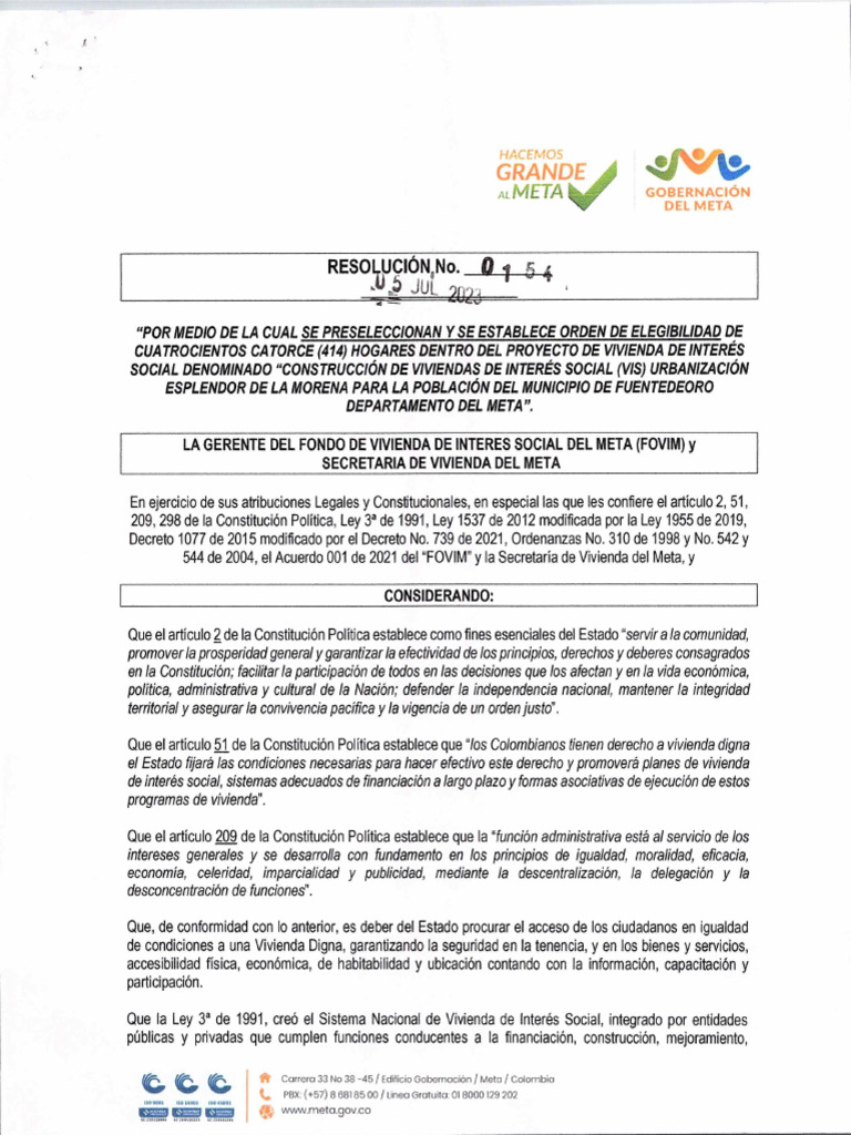 Resolucion 154 de 2023 Preseleccion Fuentedeoro 2 1 | PDF