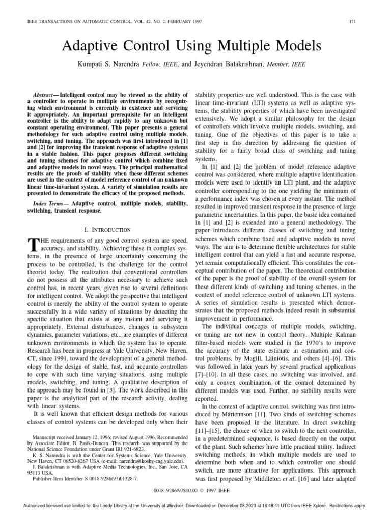 Adaptive Control Using Multiple Models | PDF