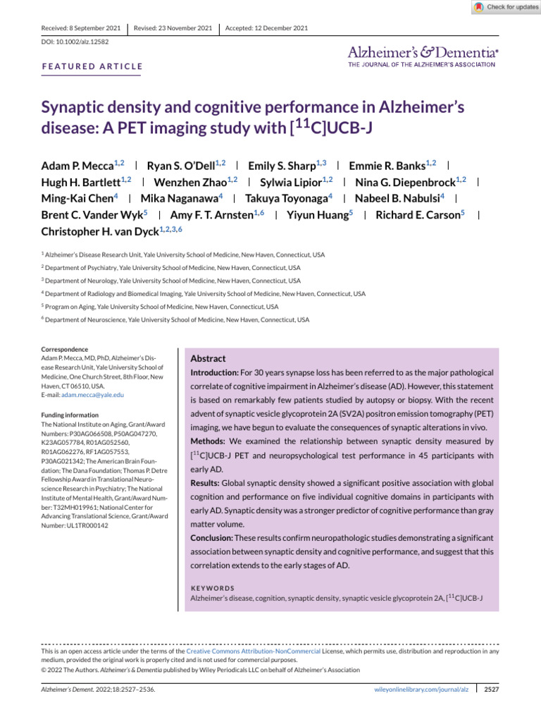 2022 - Alzheimer S Dementia - 2022 - Mecca - Synaptic Density and Cognitive Performance in ...
