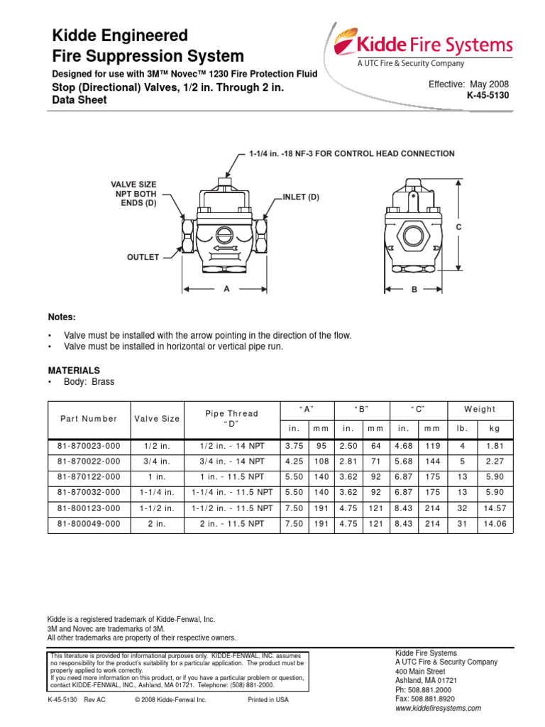 Kidde Engineered Fire Suppression System: Stop (Directional) Valves, 1/ ...