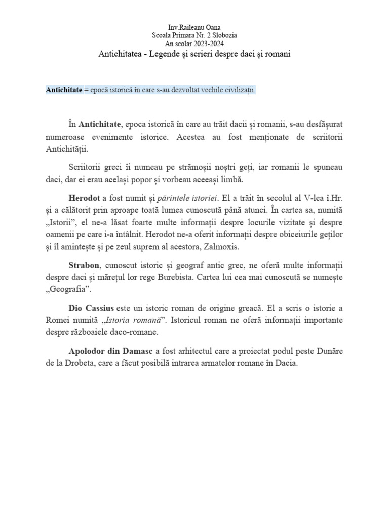 Antichitatea Legende Si Scrieri Despre Daci Si Romani | PDF