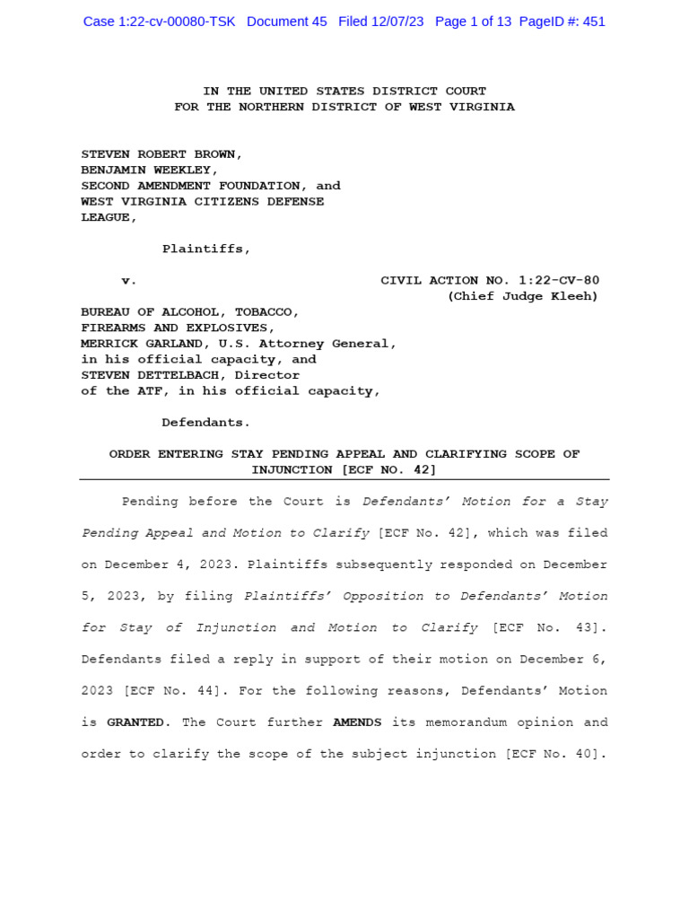 Court Stays Injunction in Brown v. ATF | PDF | Injunction | Lawsuit