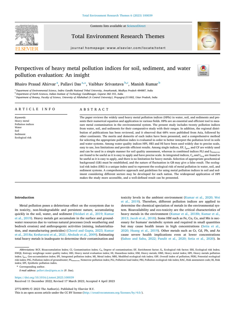 Perspectives of Heavy Metal Pollution Indices For Soil, Sediment, and Water Pollution Evaluation ...