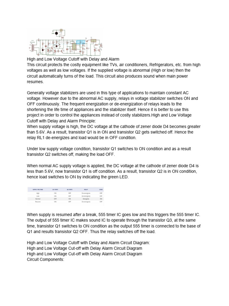 High and Low Voltage Cutoff With Delay and Alarm | PDF | Electrical ...