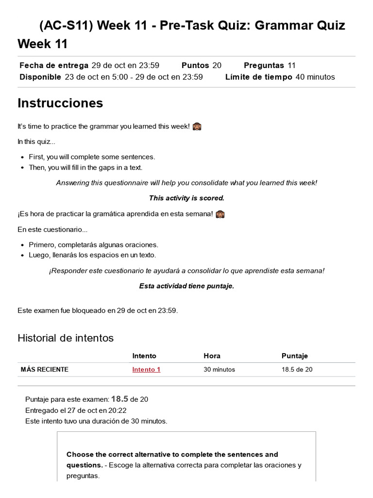 ? (AC-S11) Week 11 - Pre-Task Quiz - Grammar Quiz Week 11 - INGLES I (36614) | PDF