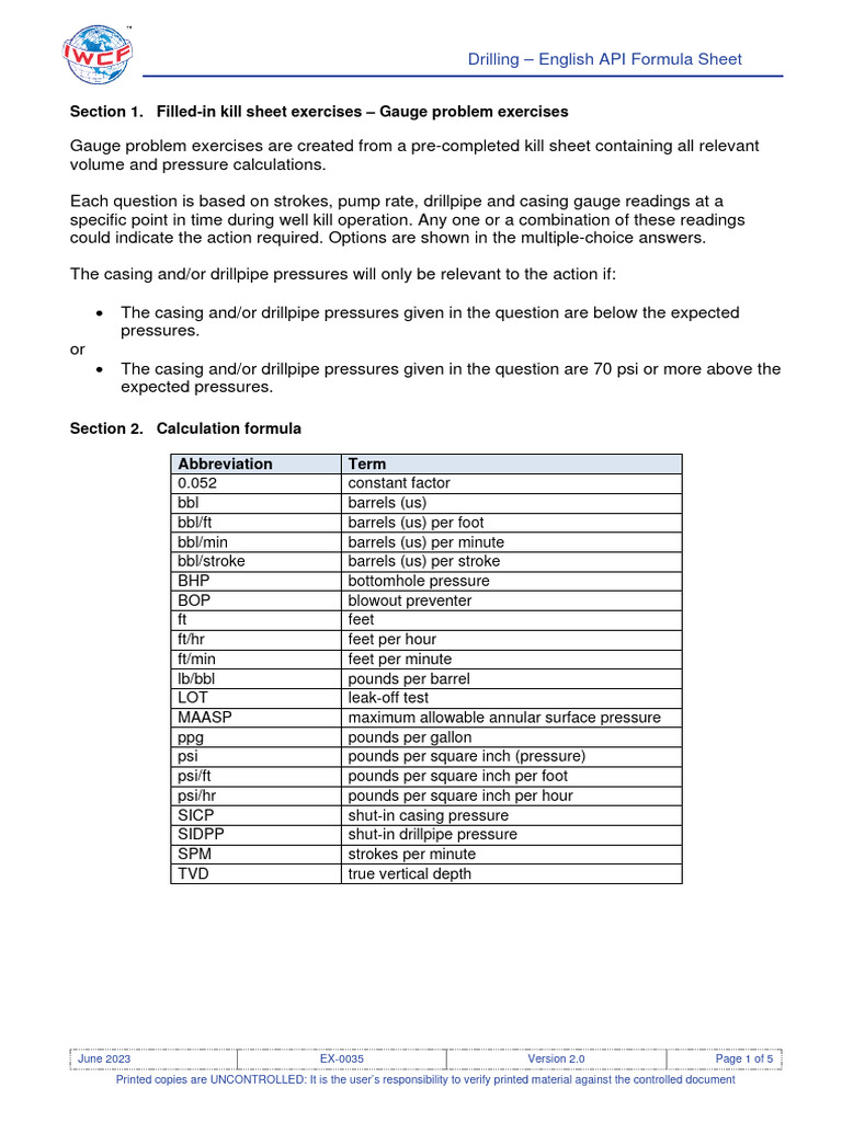 Drilling English API Formula Sheet 1686170327 | PDF