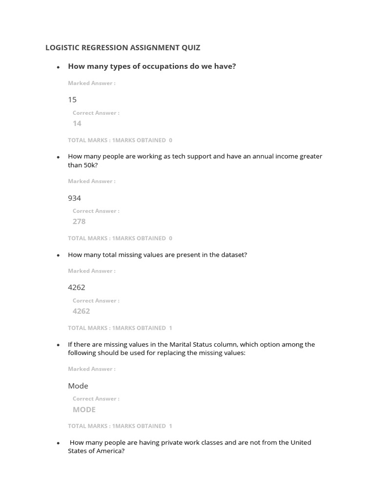 Logistic Regression Assignment Quiz | PDF | Teaching Methods & Materials
