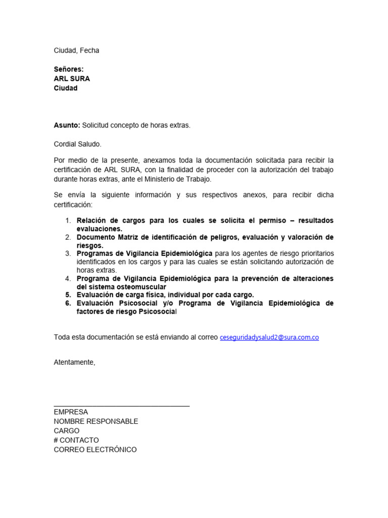 7. Carta ejemplo para las empresas solicitar ante ARL Sura 2023 | PDF
