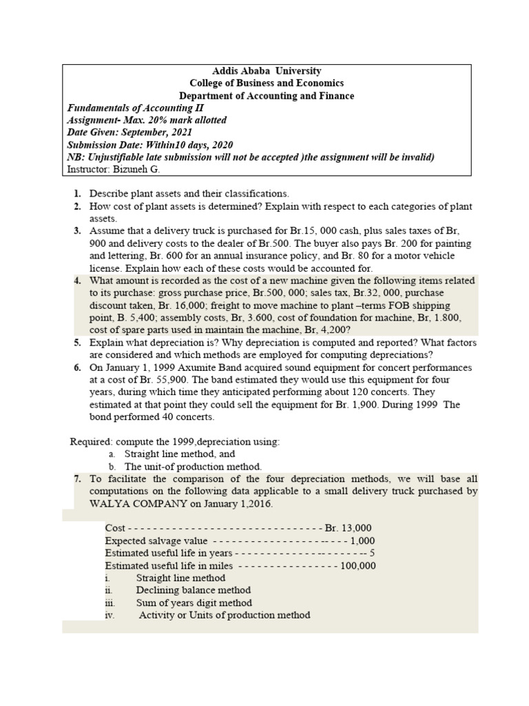 Accounting II - Assignment 1 | PDF | Depreciation | Cost