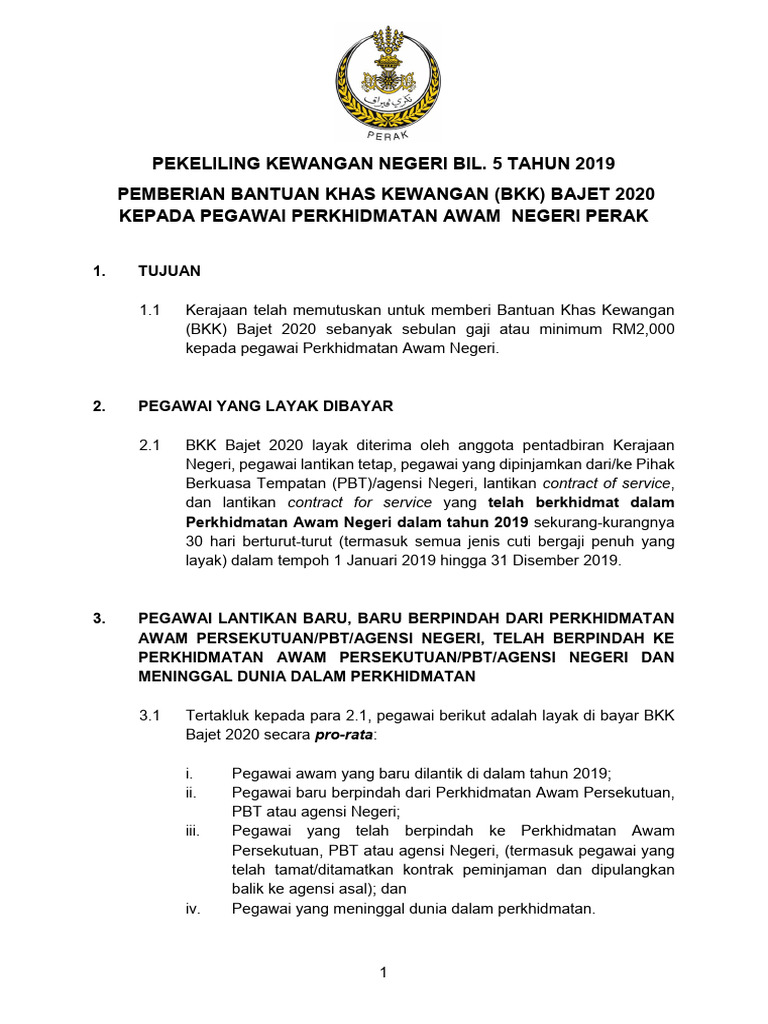 Pekeliling Pejabat Kewangan Negeri Bil 5 Tahun 2019 - Pemberian BKK ...