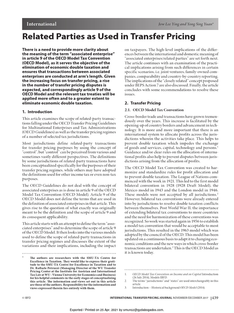 International - Related Parties As Used in Transfer Pricing - IBFD | PDF