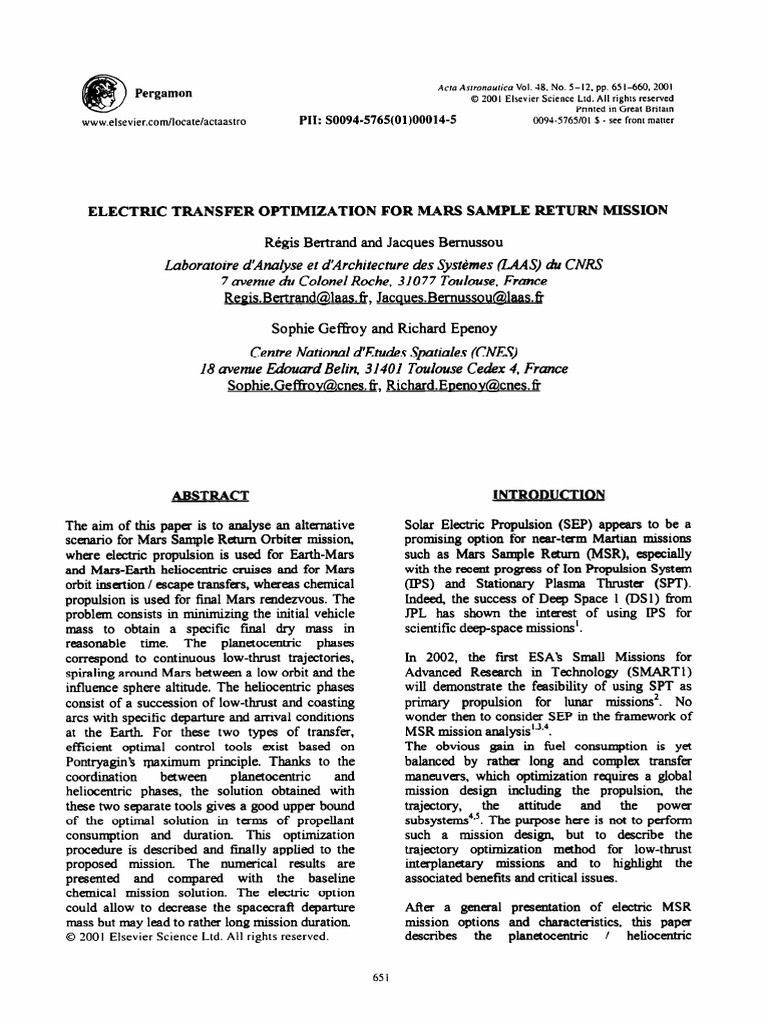 Electric Transfer Optimization For Mars Sample Return Mission | PDF