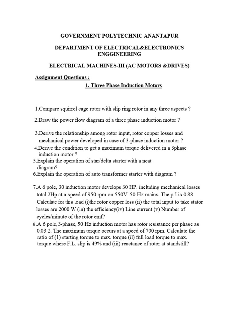 AC Machines -III ASSIGNMENT QUESTIONS | PDF | Electric Motor ...