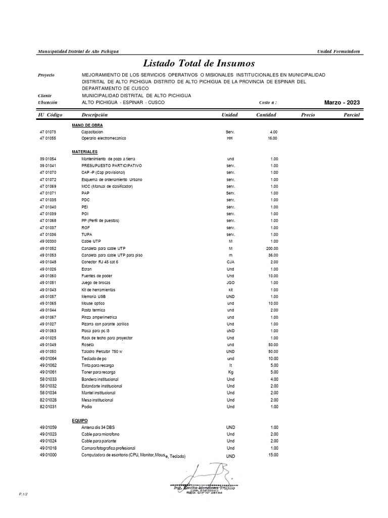 Listado de Insumos | PDF
