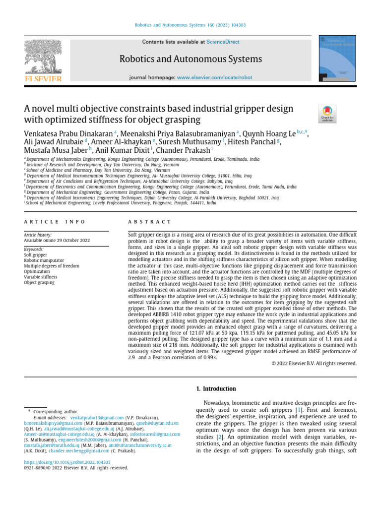 A Novel Multi Objective Constraints Based Industrial Gripper Design With Optimized Stiffness For ...