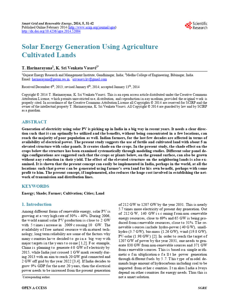 Solar Energy Generation Using Agriculture Cultivat | PDF