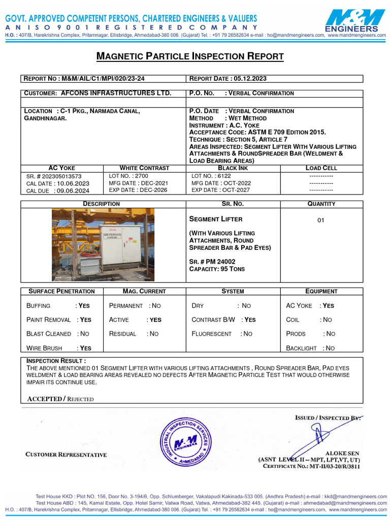 Afcons C1 Segment Lifter PM 24002 Mpi Report | PDF
