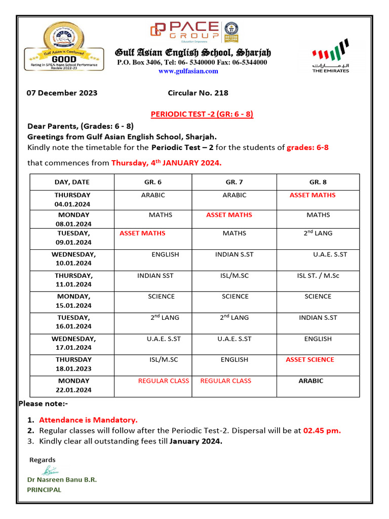 PERIODIC TEST - 2 (GR - 6 To 8) - Parents Circular No. 218 | PDF